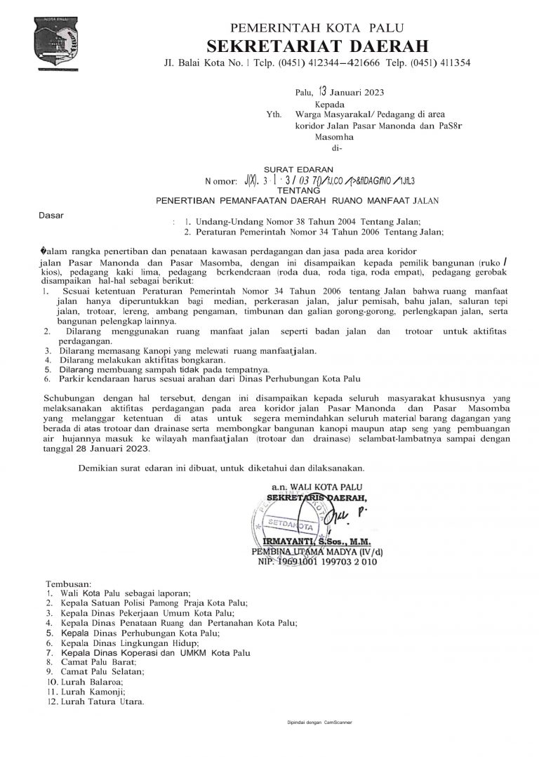 Surat Edaran Penertiban Pemanfaatan Daerah Ruang Manfaat Jalan – Pemerintah Kota Palu